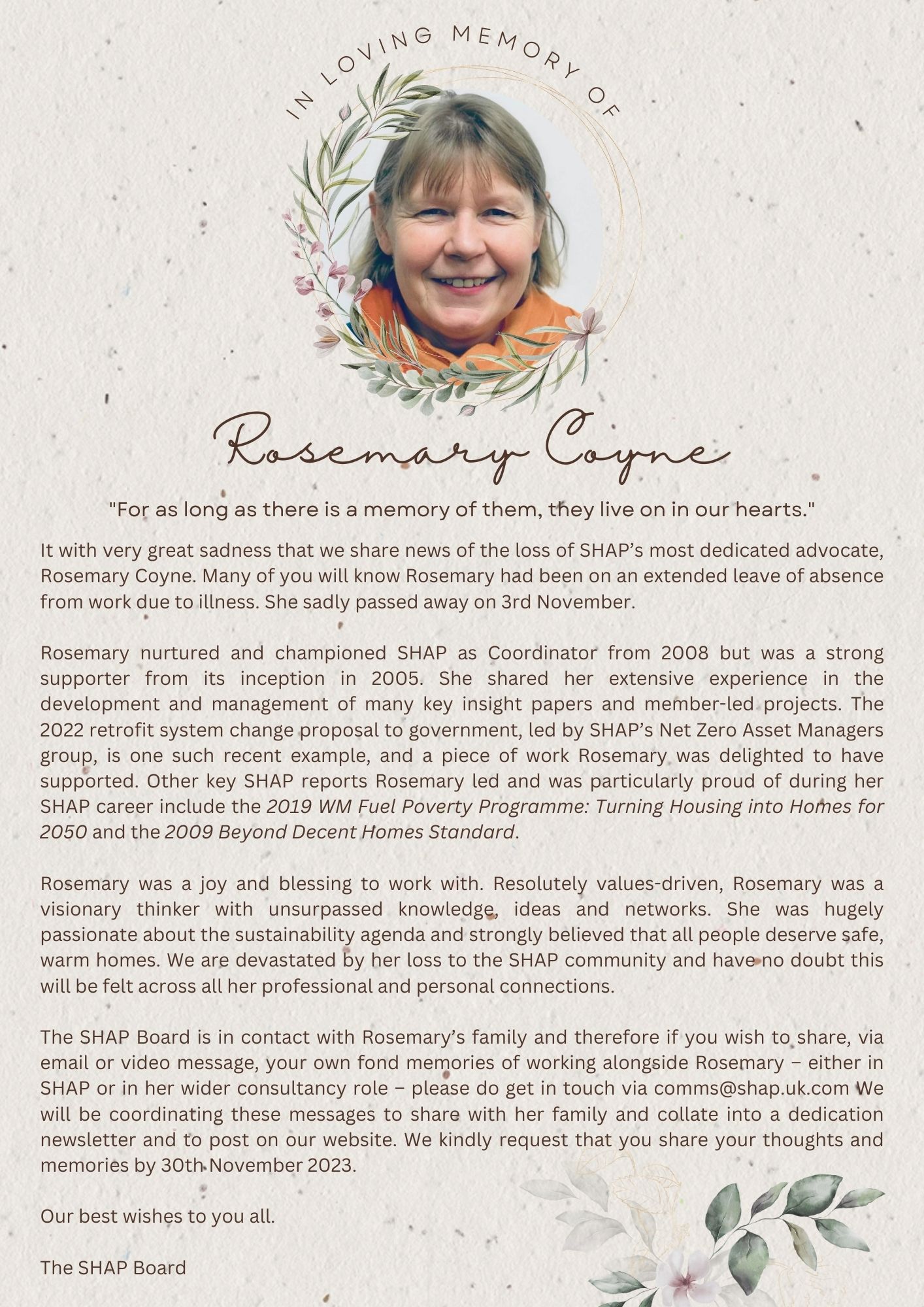 Rosemary Coyne – in loving memory – Sustainable Housing Action Partnership